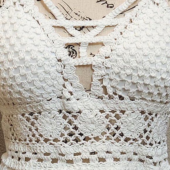 Tops | White Crochet Cutout Lace Panel Backless Halter Top New | Poshmark